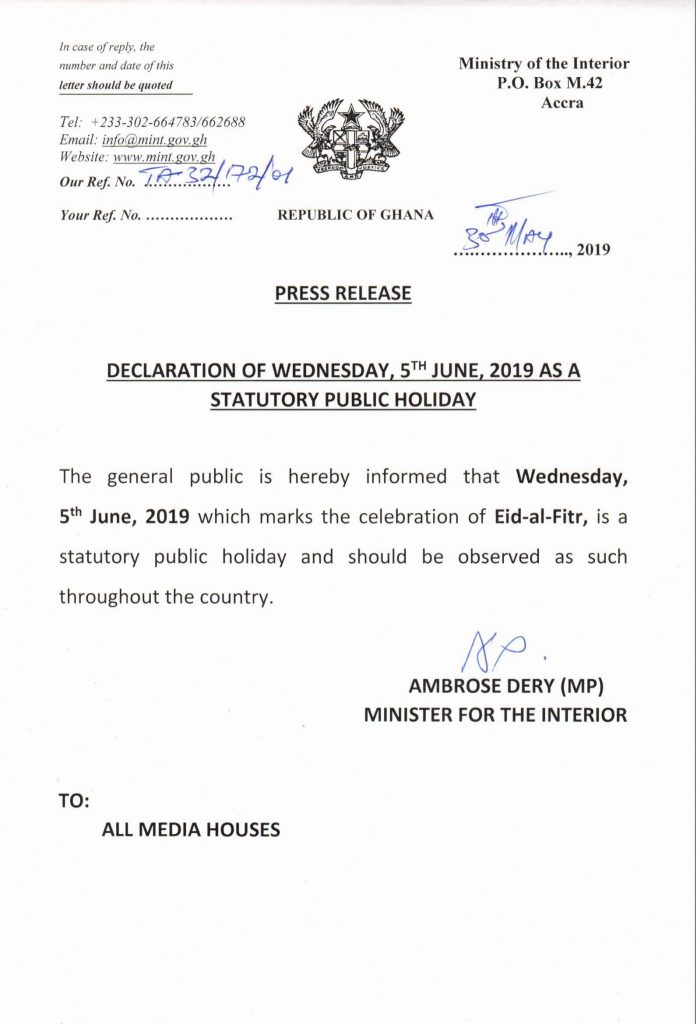 DECLARATION OF WEDNESDAY,5TH JUNE, 2019 AS A STATUTORY PUBLIC HOLIDAY ...