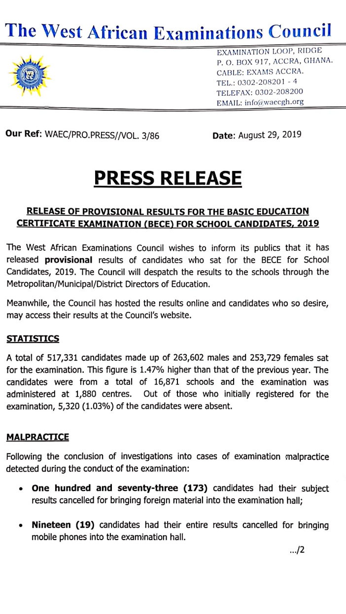 WAEC releases 2019 BECE results