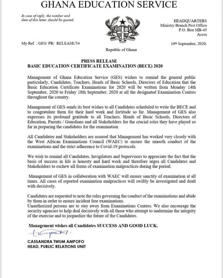 2020 BECE begins today