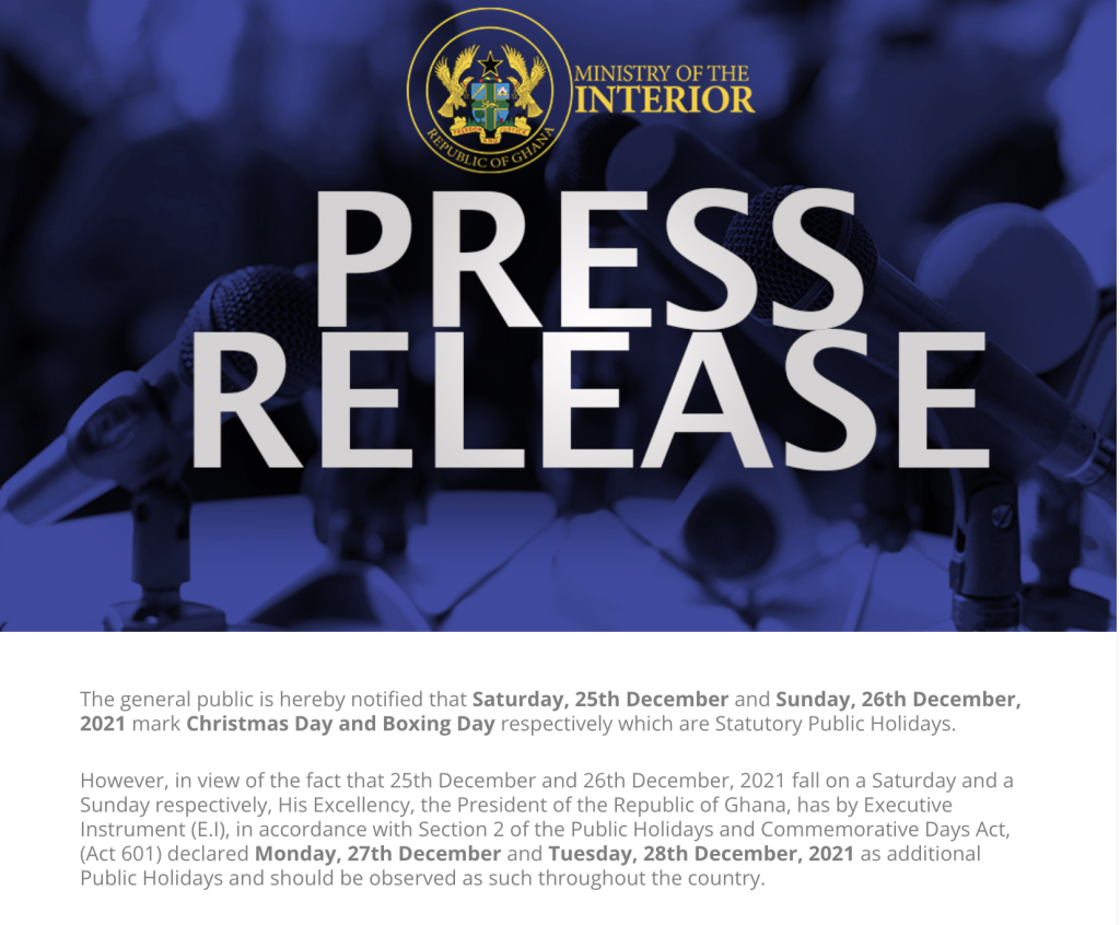 Government declares December 27th, 28th as public holidays