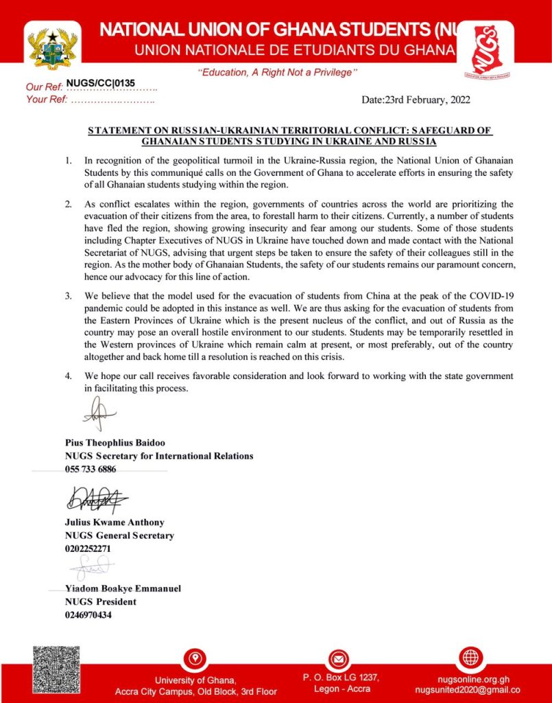 Ensure safety of Ghanaian students in Ukraine-Russia - NUGS to gov't