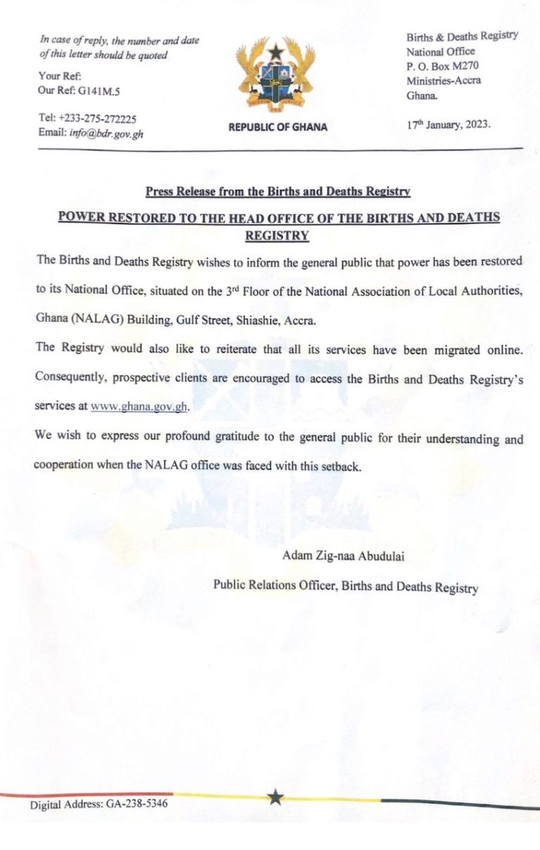 Services restored at Births & Deaths Registry after power challenges