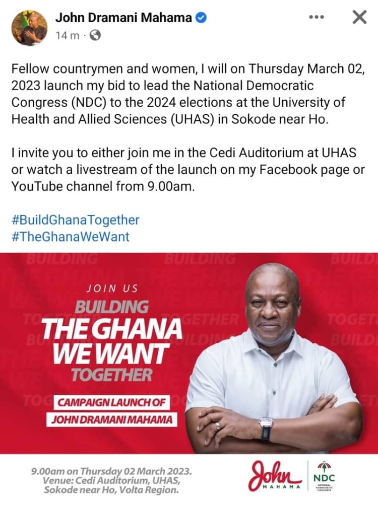 Mahama to launch presidential campaign in Ho on March 2