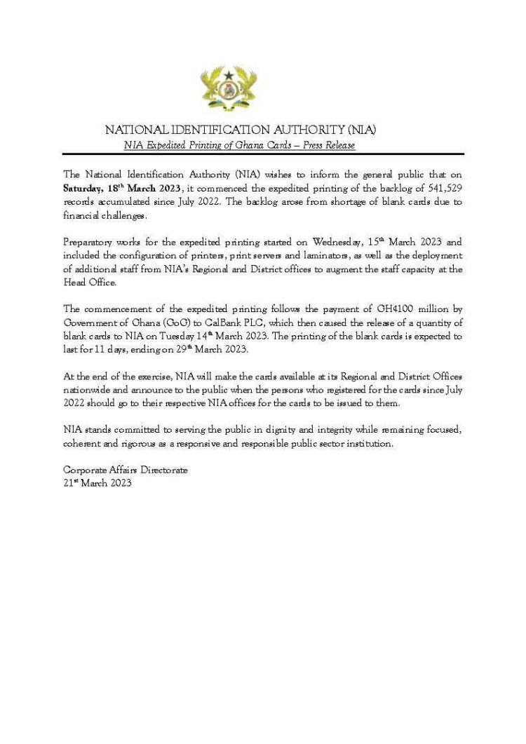 NIA commences printing of 541,000 backlog of Ghana cards