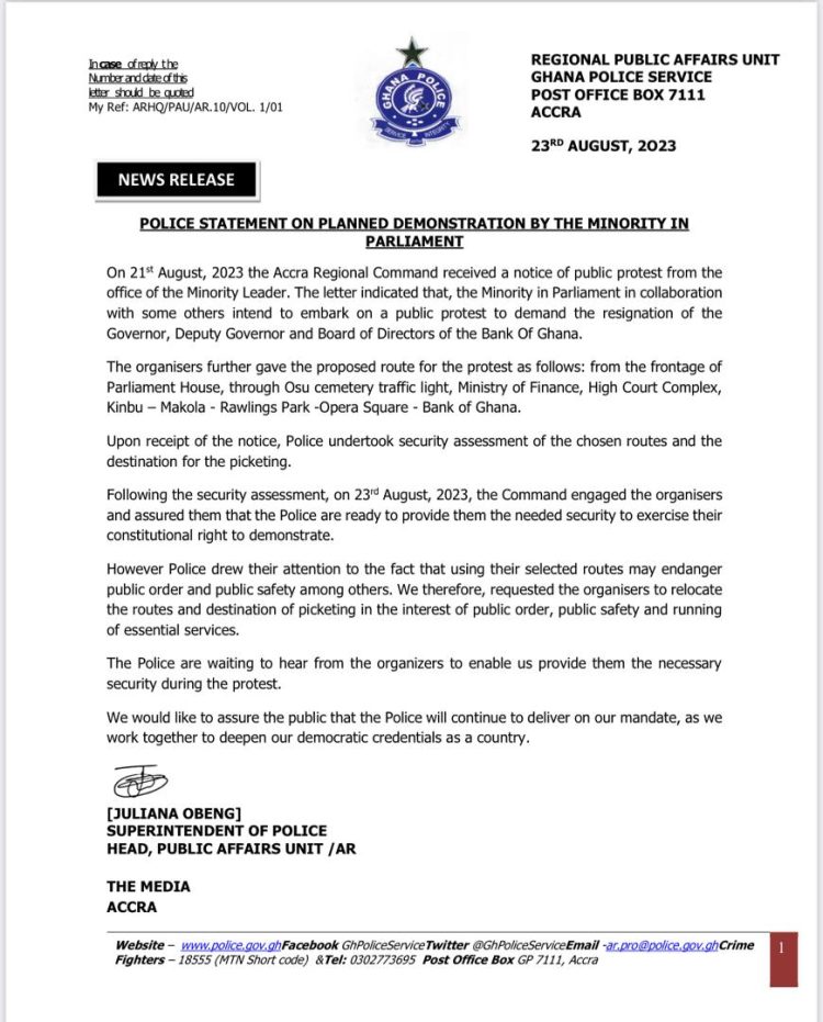 Relocate routes for protest against BoG governor - Police tells Minority