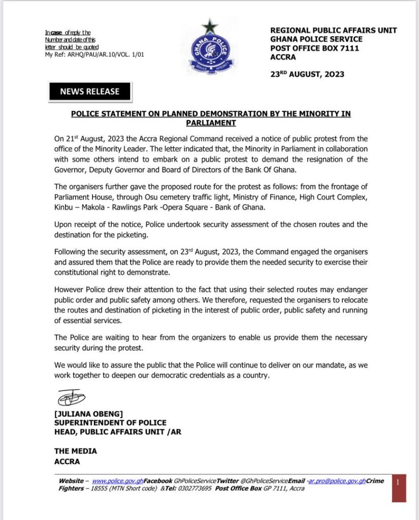 Relocate routes for protest against BoG governor - Police tells Minority