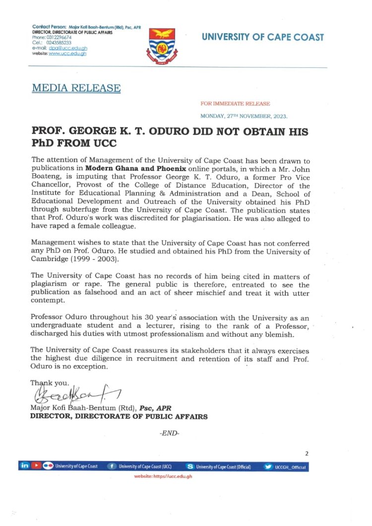 UCC has not conferred PhD on Prof. Oduro - Management