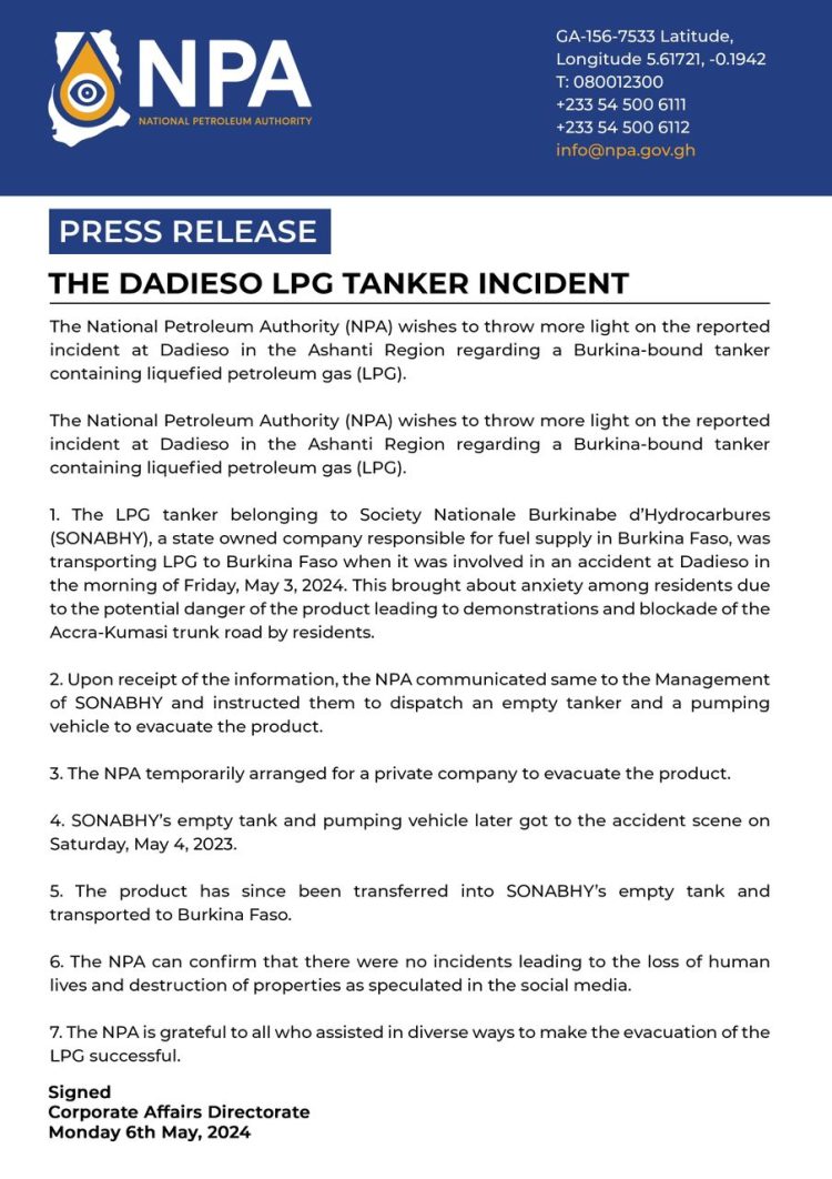 No life lost in Dadieso LPG tanker incident - NPA