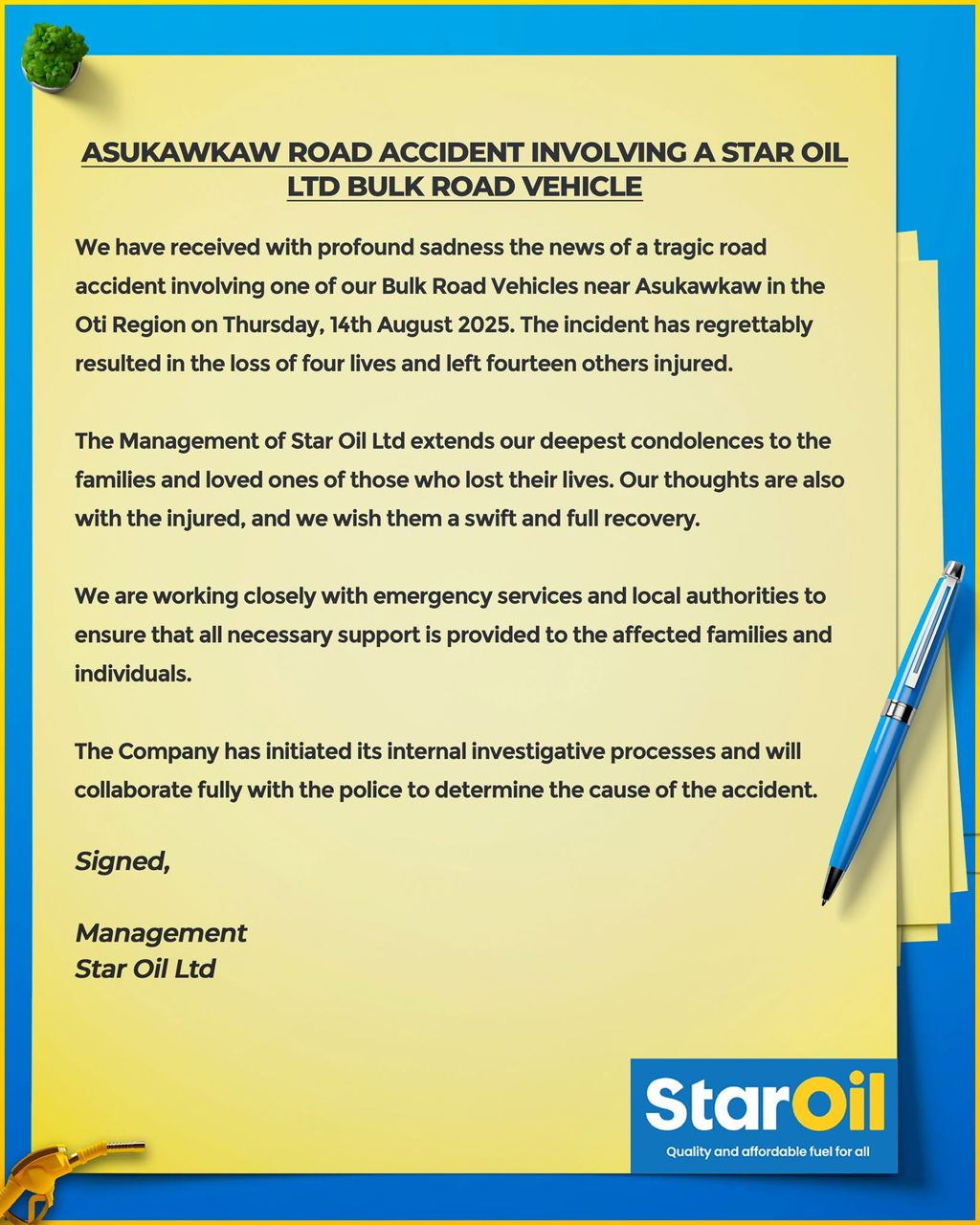 Star Oil probes Asukawkaw tanker crash