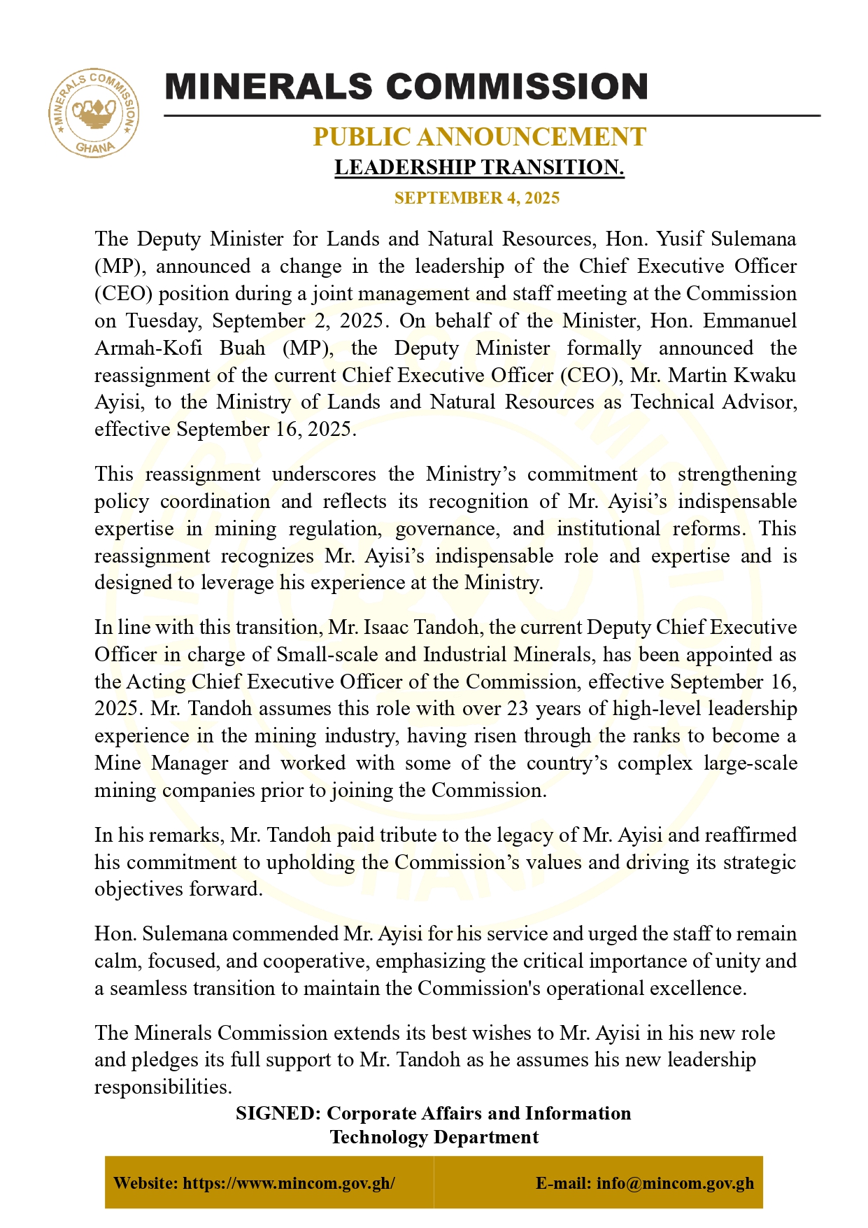 Govt reassigns Minerals Commission CEO, names Isaac Tandoh as acting head