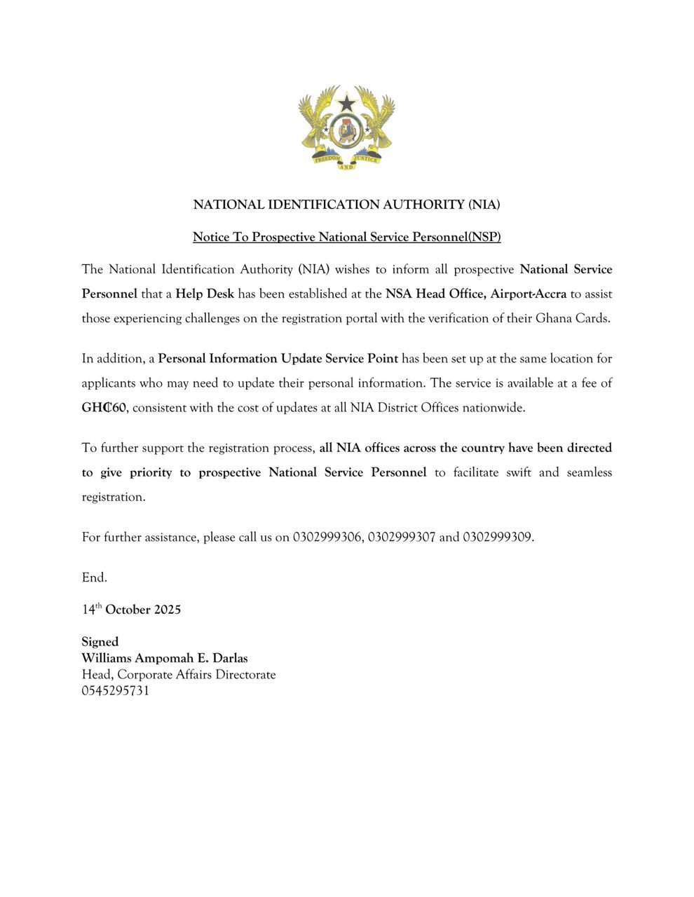 NIA sets up help desk for prospective National Service personnel