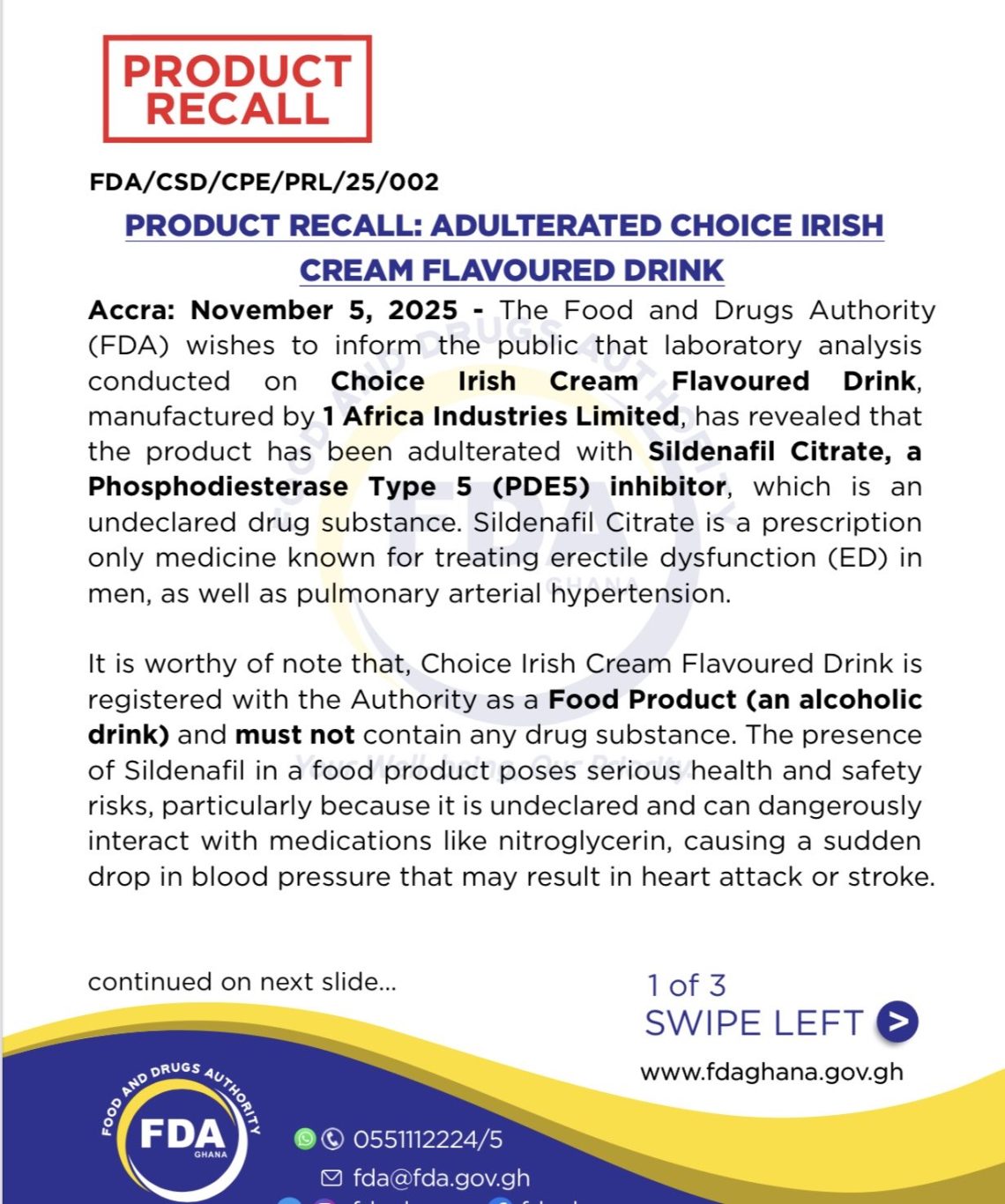 FDA orders recall of Choice Irish Cream Flavoured Drink containing ...