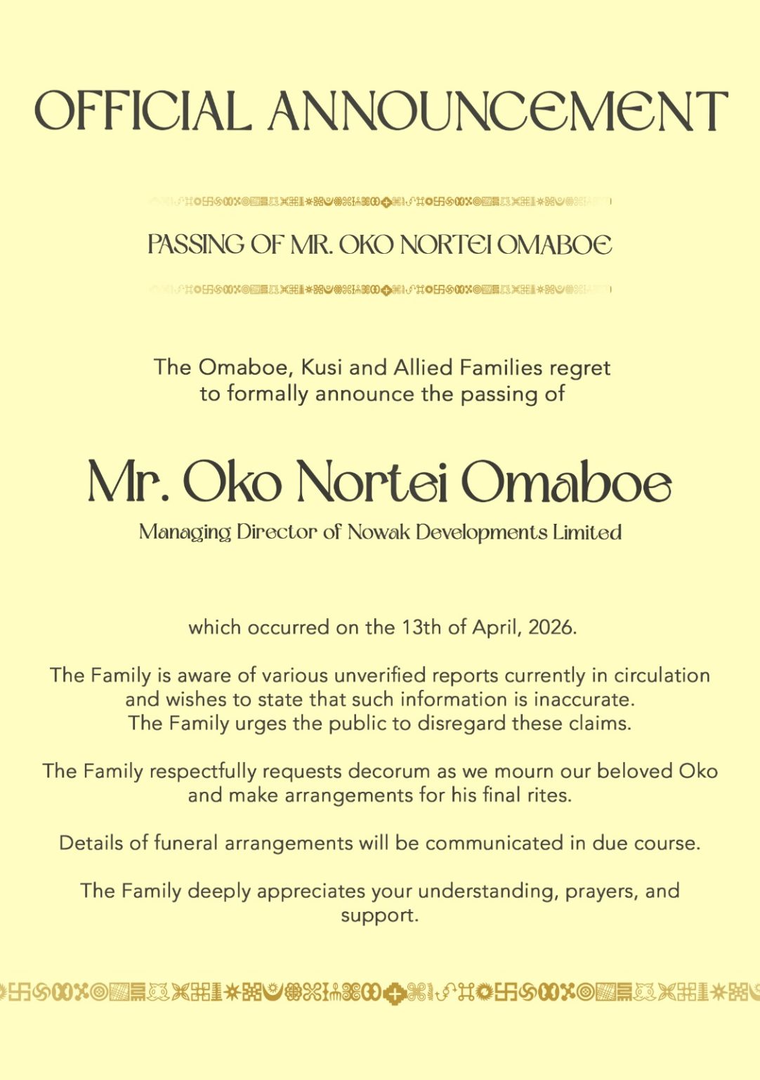 Omaboe family announces death of Oko Nortei Omaboe